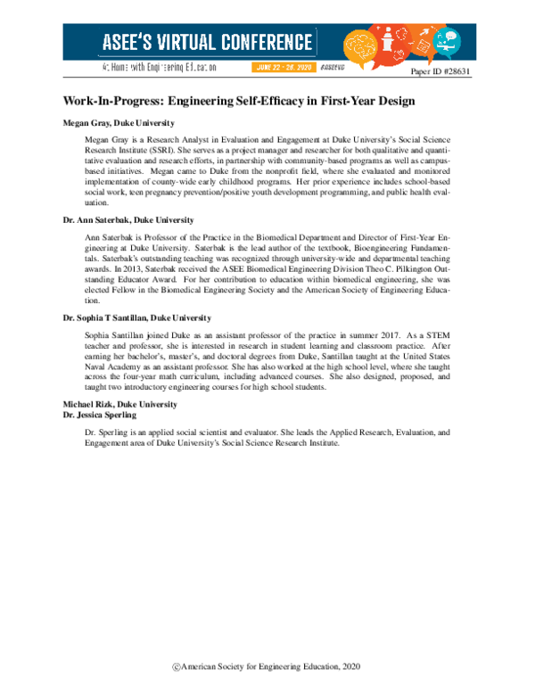 (PDF) Work-In-Progress: Engineering Self-Efficacy in First-Year Design