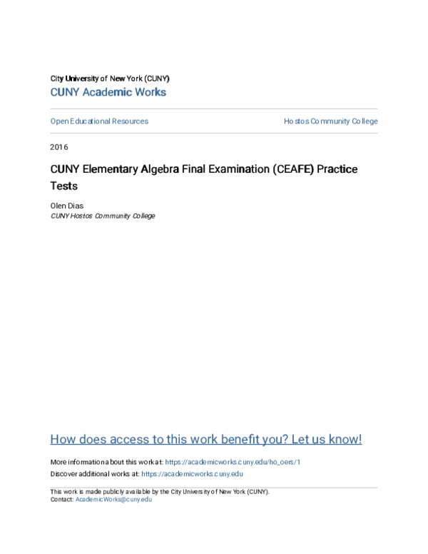 (PDF) CUNY Elementary Algebra Final Examination (CEAFE) Practice Tests
