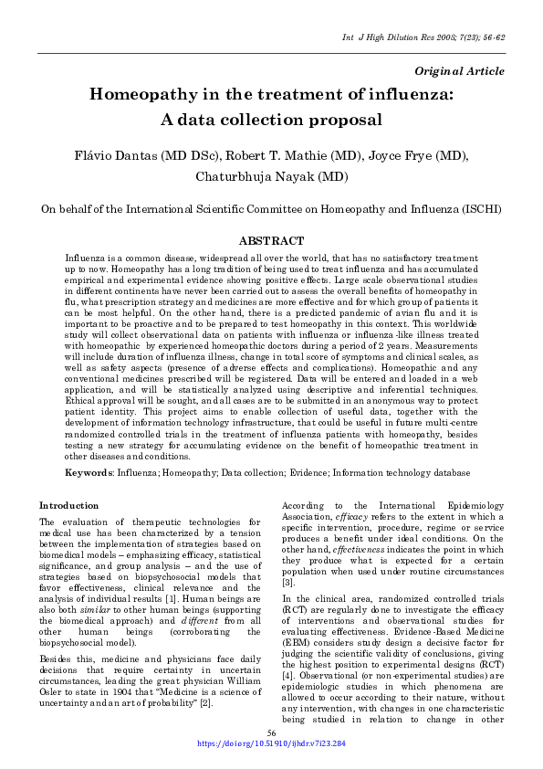 (PDF) Homeopathy in the treatment of influenza: a data collection proposal