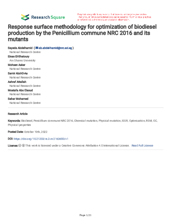 (PDF) Optimizing Biodiesel Production from Penicillium commune NRC 2016