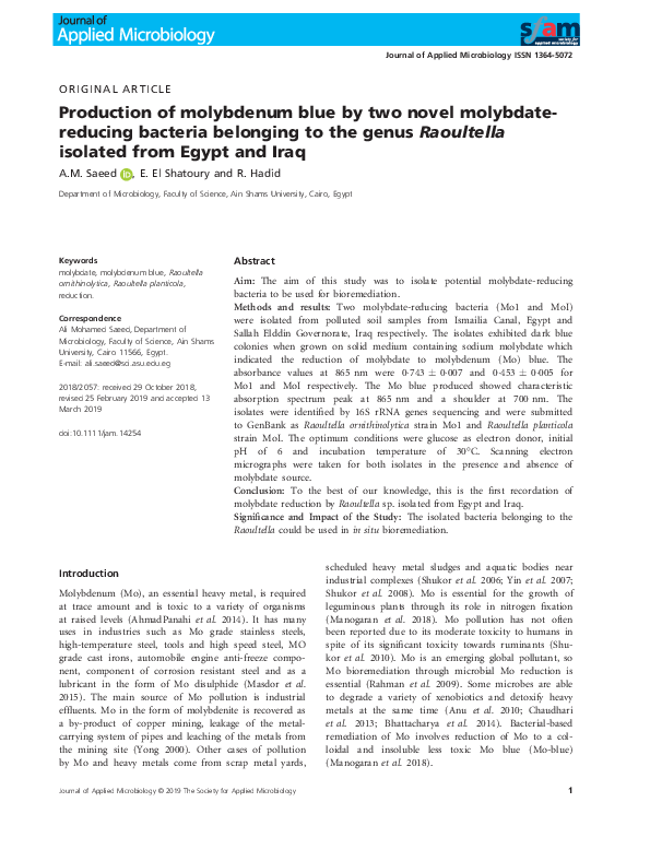 (PDF) Production of molybdenum blue by two novel molybdate‐reducing ...