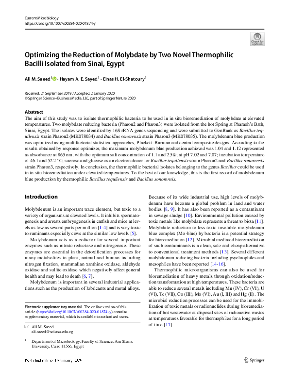 (PDF) Optimizing the Reduction of Molybdate by Two Novel Thermophilic ...