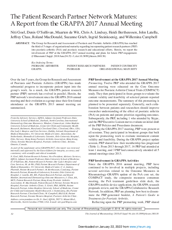 (PDF) The Patient Research Partner Network Matures: A Report from the ...