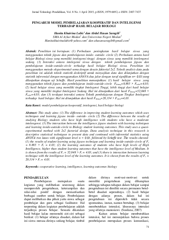 (PDF) Pengaruh Model Pembelajaran Kooperatif Dan Intelegensi Terhadap Hasil Belajar Biologi ...