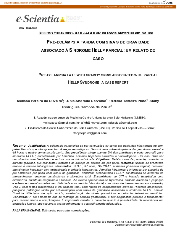 (PDF) Pré-Eclâmpsia Tardia Com Sinais De Gravidade Associado À Síndrome ...