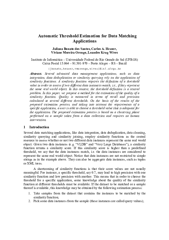 (PDF) Automatic threshold estimation for data matching applications