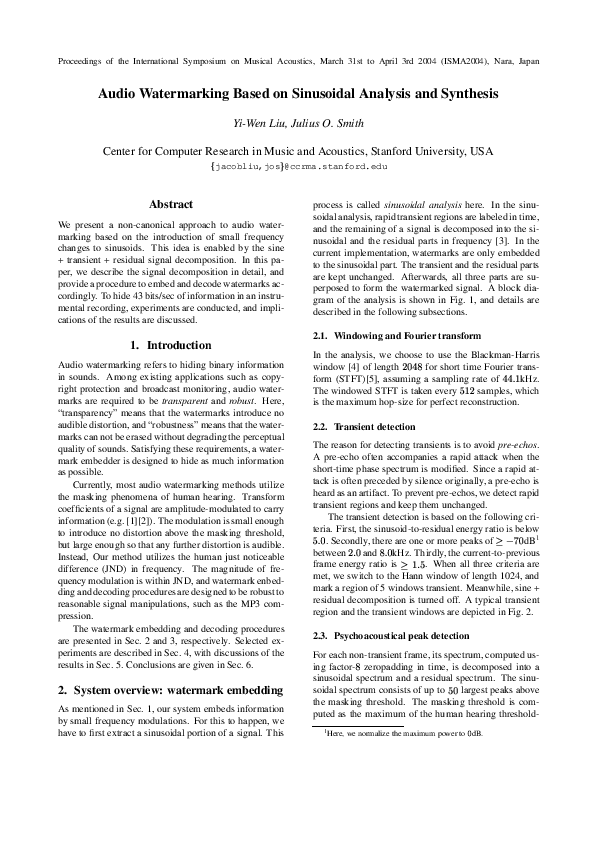 (PDF) Audio Watermarking Based on Sinusoidal Analysis and Synthesis