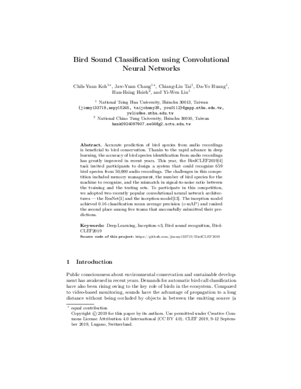 (PDF) Bird Sound Classification Using Convolutional Neural Networks