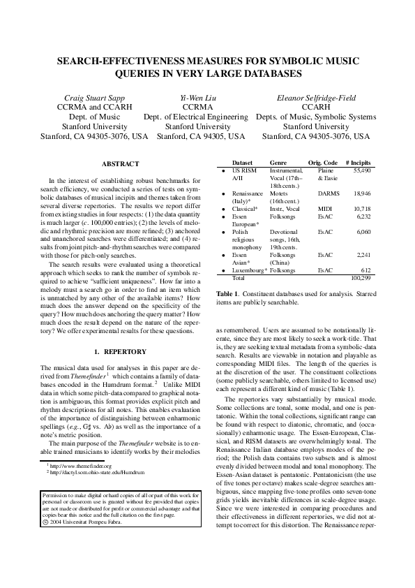 (PDF) Search Effectiveness Measures For Symbolic Music Queries In Very Large Databases | Yi-Wen ...