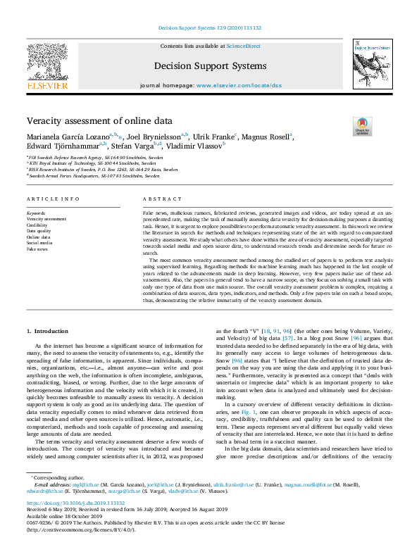 (PDF) Veracity assessment of online data