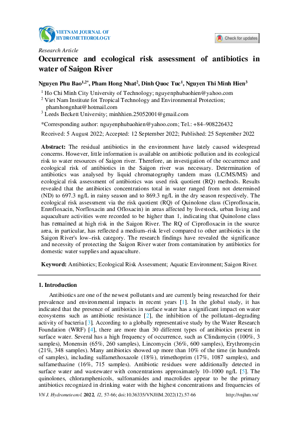 (PDF) Occurrence and ecological risk assessment of antibiotics in water of Saigon River