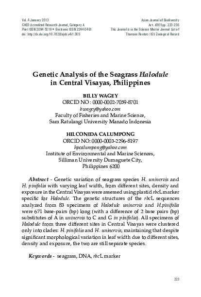 (PDF) Genetic Analysis of the Seagrass Halodule in Central Visayas ...