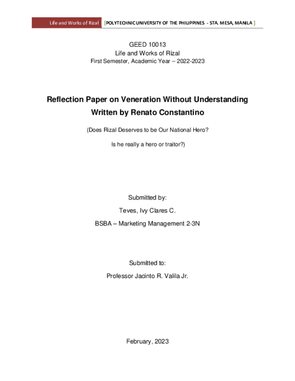 (PDF) Reflection Paper on "Veneration Without Understanding" by Renato ...