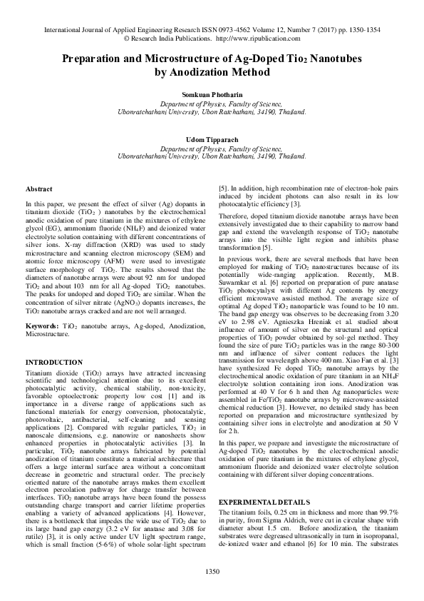 (PDF) Preparation and Microstructure of Ag-Doped Tio2 Nanotubes by ...