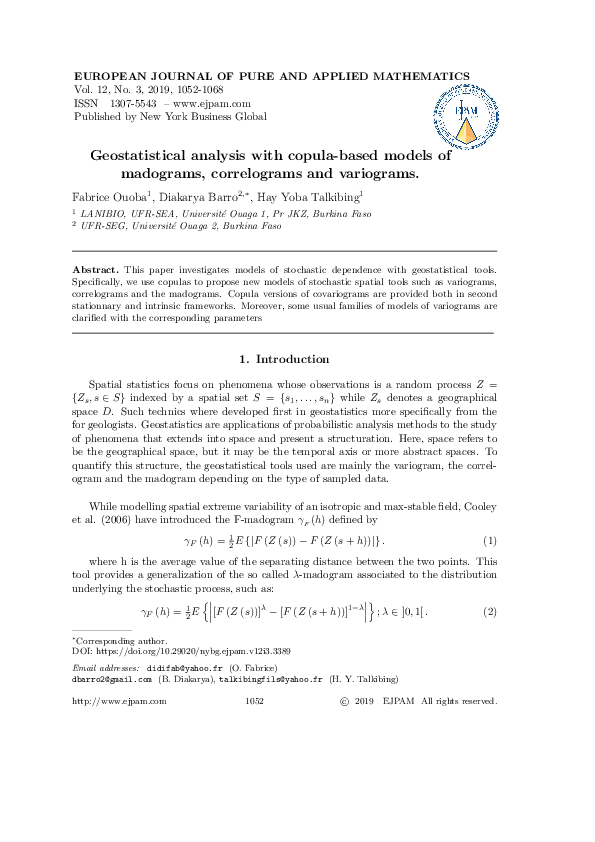 (PDF) Geostatistical Analysis with Copula-based Models of Madograms, Correlograms and Variograms