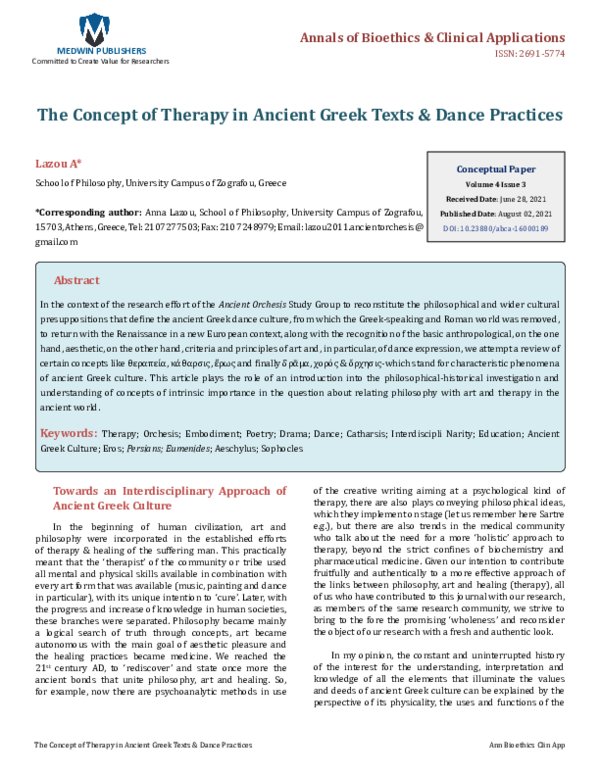 (PDF) The Concept of Therapy in Ancient Greek Texts Dance Practices