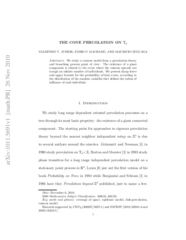 (PDF) The cone percolation on $\bbT_d$