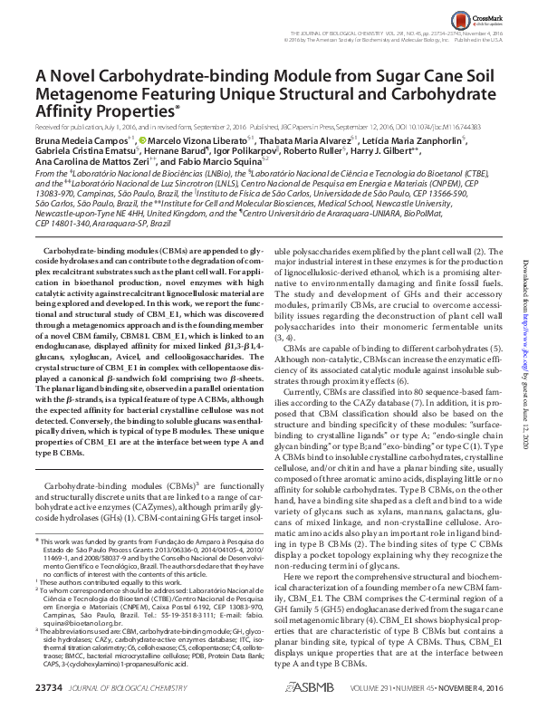 (PDF) A Novel Carbohydrate-binding Module from Sugar Cane Soil ...