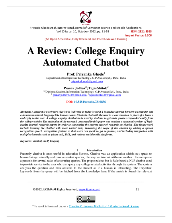 (PDF) A Review: College Enquiry Automated Chatbot