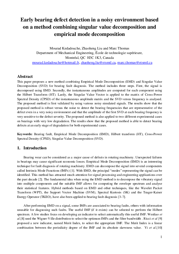 Pdf Early Bearing Defect Detection In A Noisy Environment Based On A