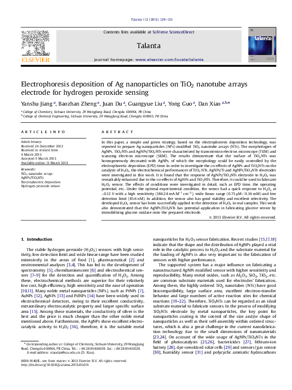 Pdf Electrophoresis Deposition Of Ag Nanoparticles On Tio2 Nanotube Arrays Electrode For