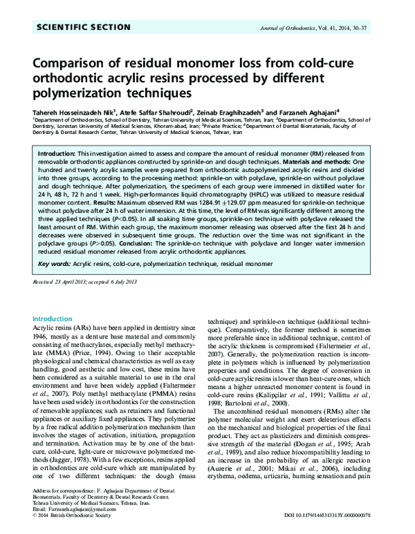 (PDF) Comparison of residual monomer loss from cold-cure orthodontic ...