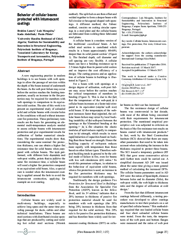 (PDF) Behavior of cellular beams protected with intumescent coatings