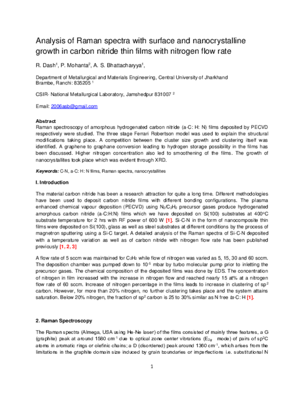 (PDF) Raman Analysis of Nanocrystalline Carbon Nitride