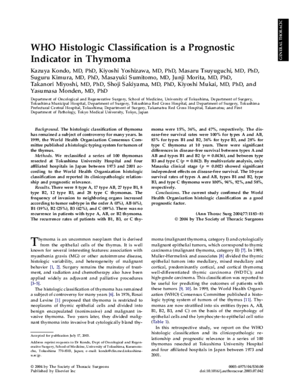 (PDF) WHO histologic classification is a prognostic indicator in thymoma