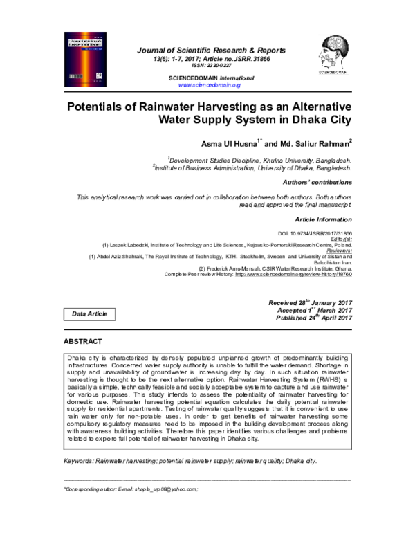 (PDF) Potentials of Rainwater Harvesting as an Alternative Water Supply ...