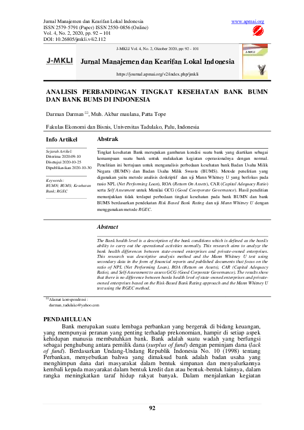 (PDF) Analisis Perbandingan Tingkat Kesehatan Bank BUMN dan Bank BUMS di Indonesia