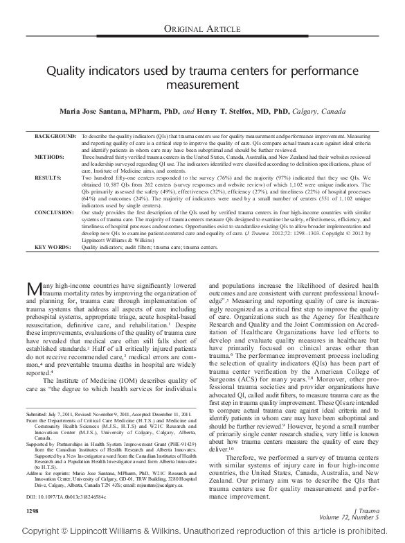 (PDF) Quality indicators used by trauma centers for performance measurement