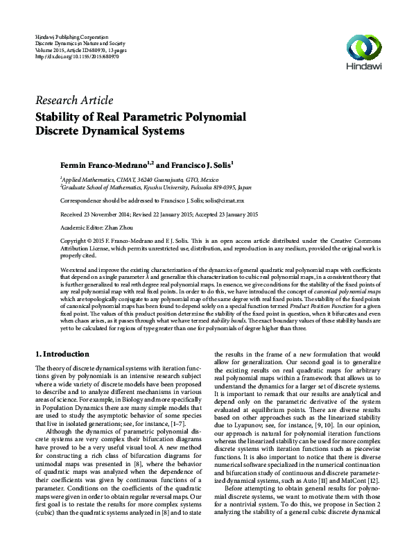 (PDF) Stability of Real Parametric Polynomial Discrete Dynamical Systems | Fermin Franco-Medrano ...