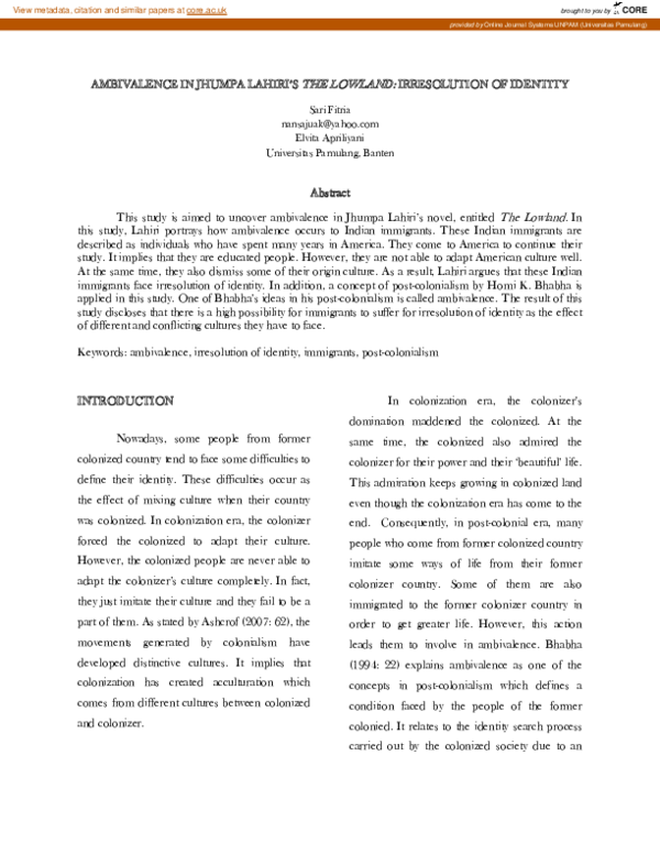(PDF) Ambivalence in Jhumpa Lahiri’s the Lowland: Irresolution of Identity