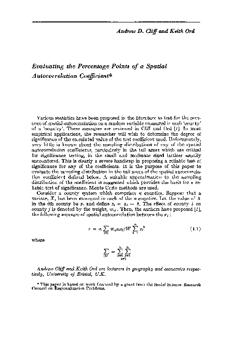 (PDF) Evaluating the Percentage Points of a Spatial Autocorrelation Coefficient*