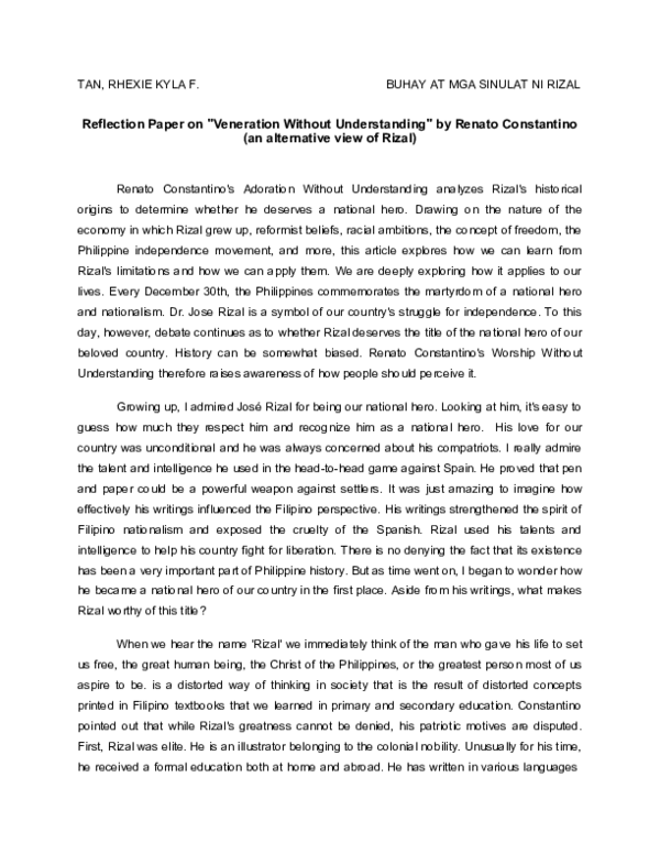 (DOC) Reflection Paper on "Veneration Without Understanding" by Renato Constantino (an ...