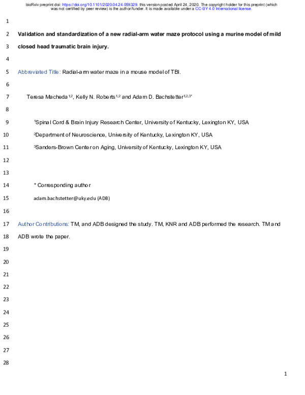 (PDF) Validation and standardization of a new radial-arm water maze protocol using a murine ...