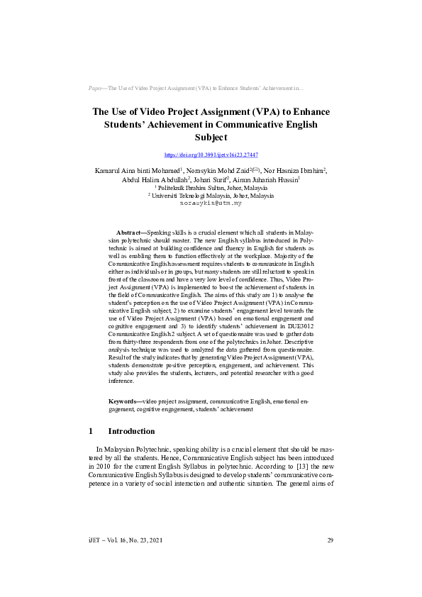 (PDF) The Use of Video Project Assignment (VPA) To Enhance Students’ Achievement in ...
