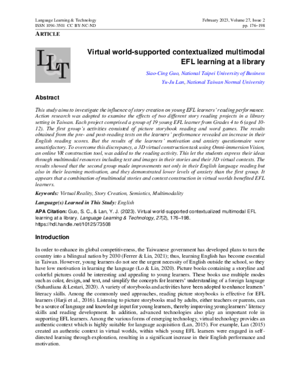 (PDF) Virtual world-supported contextualized multimodal EFL learning at a library | YuJu Lan ...