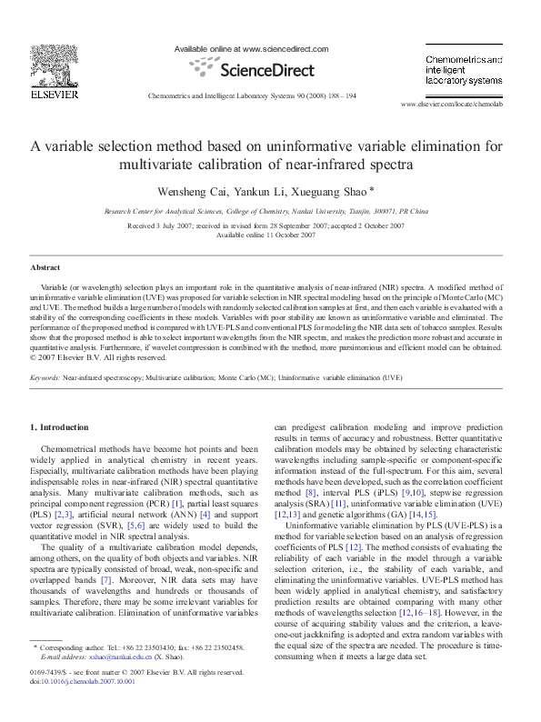 Pdf A Variable Selection Method Based On Uninformative Variable Elimination For Multivariate