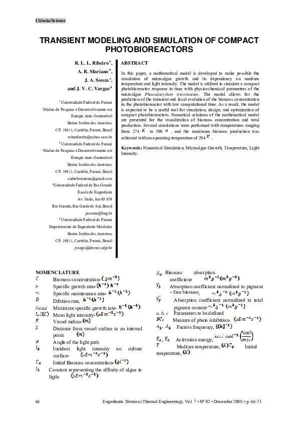 (PDF) Transient Modeling and Simulation of Compact Photobioreactors