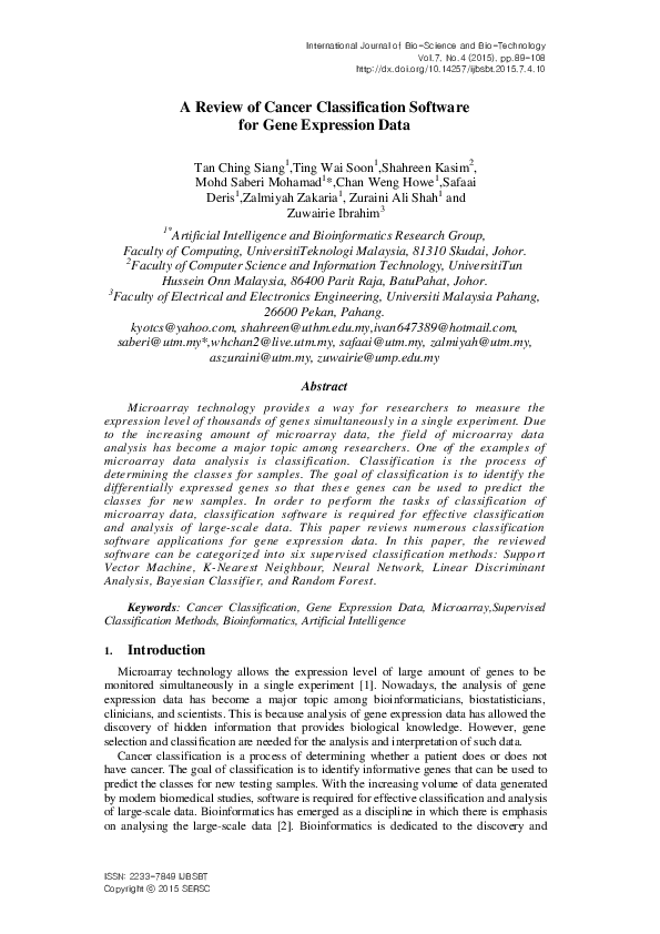 (PDF) A Review of Cancer Classification Software for Gene Expression Data