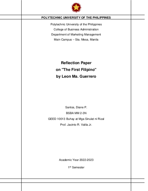(PDF) Reflection Paper on "The First Filipino" by Leon Ma. Guerrero