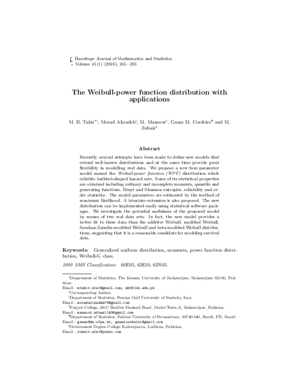 (PDF) The Weibull-Power Function Distribution with Applications | Mansoor Abbasi - Academia.edu