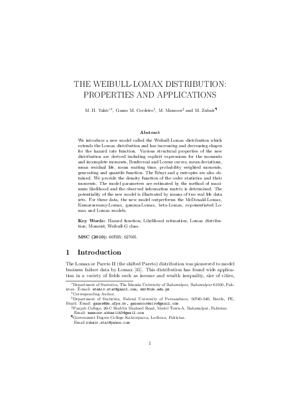 (PDF) Weibull-Lomax Distribution: Properties and Applications