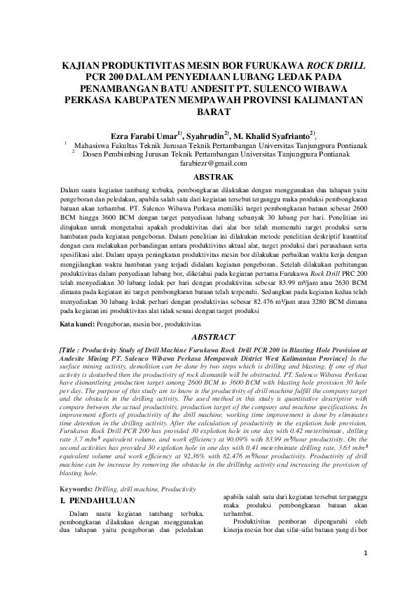 (PDF) Kajian Produktivitas Mesin Bor Furukawa Rock Drill PCR 200 Dalam ...
