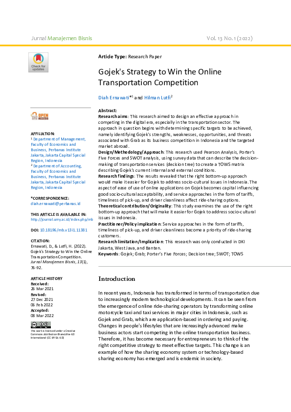 (PDF) Gojek's Strategy to Win the Online Transportation Competition