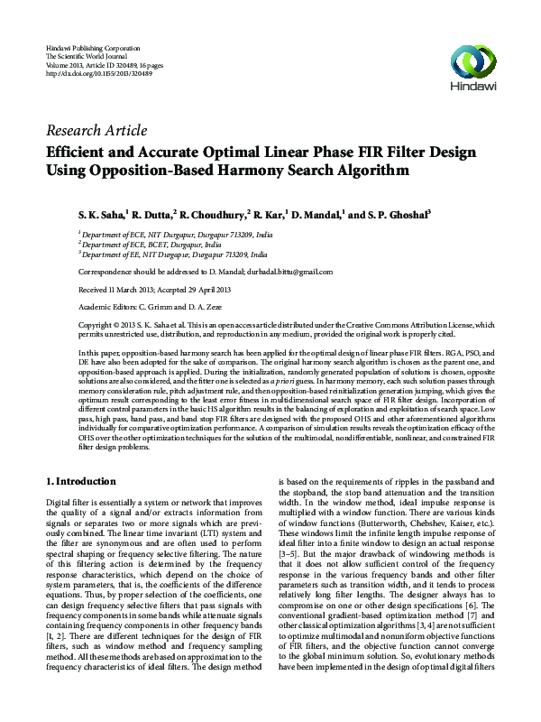 (PDF) Efficient and accurate optimal linear phase FIR filter design using opposition-based ...