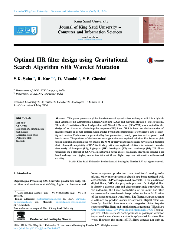 (PDF) Optimal IIR filter design using Gravitational Search Algorithm with Wavelet Mutation ...