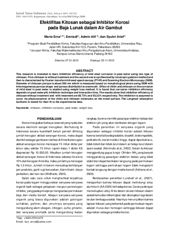 (PDF) Efektifitas Kitosan sebagai Inhibitor Korosi pada Baja Lunak ...